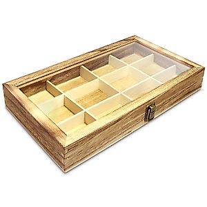 Ikee Design Elegant Wooden Jewelry Storage Tray Box with Glass Lid,12 Compartments Jewelry Tray Organizer, Ideal for Rings,Bracelets,Gems Stone and Small Accessories, Oak Color