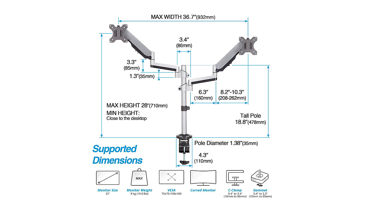 AVLT Dual Monitor Arm Mount for Ergonomic Dual Setup