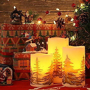 Wondise Flickering Flameless Pillar Candles with Timer, Battery Operated Real Wax Warm Light Christmas Tree Pine Tree Decal Candle for Home Decoration Christmas Gifts, Set of 3(D3 x H4/5/6 Inch)
