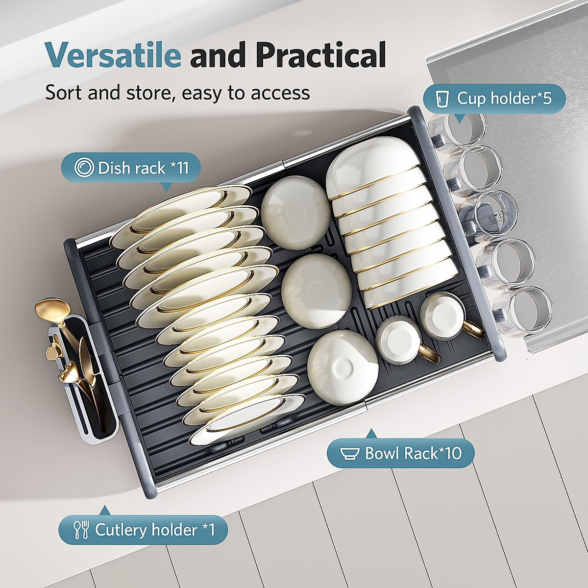 Dish Drying Rack, Expandable Dish Racks for Kitchen Counter, Large Sink Dish Strainer, Multifunctional Space-saving Drainage Dish Rack with Cutlery and Cups Drying Holder, （13.5" to 21"） L *13.78" W