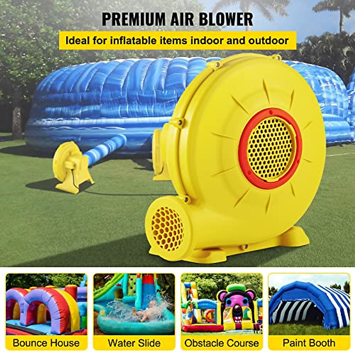VEVOR Air Blower, 450W 0.6HP Inflatable Blower, Portable and Powerful Bounce House Blower, 1750Pa Commercial Air Blower Pump Fan, Used for Inflatable Bouncy Castle and Jump Slides, Yellow