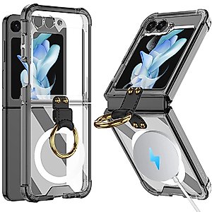 NINKI Compatible Samsung Galaxy Z Flip 5 Case with Ring,(Clear+Black) Samsung Flip 5 Case Magnetic Wireless Charging Heavy Duty Slim Shockproof Protective Phone Case for Galaxy Z Flip 5 5G Cases Clear