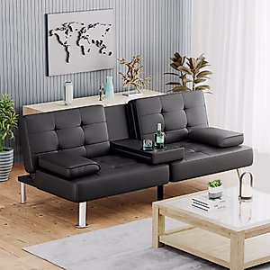 Acurax Modern Black Couch,Stylish Faux Leather Futon Sofa Bed for Home Sofa Living Room, Convertible Folding Lounge Couch,2 Cup Holders, Removable Soft Armrests,Metal Legs,Couches for Living Room