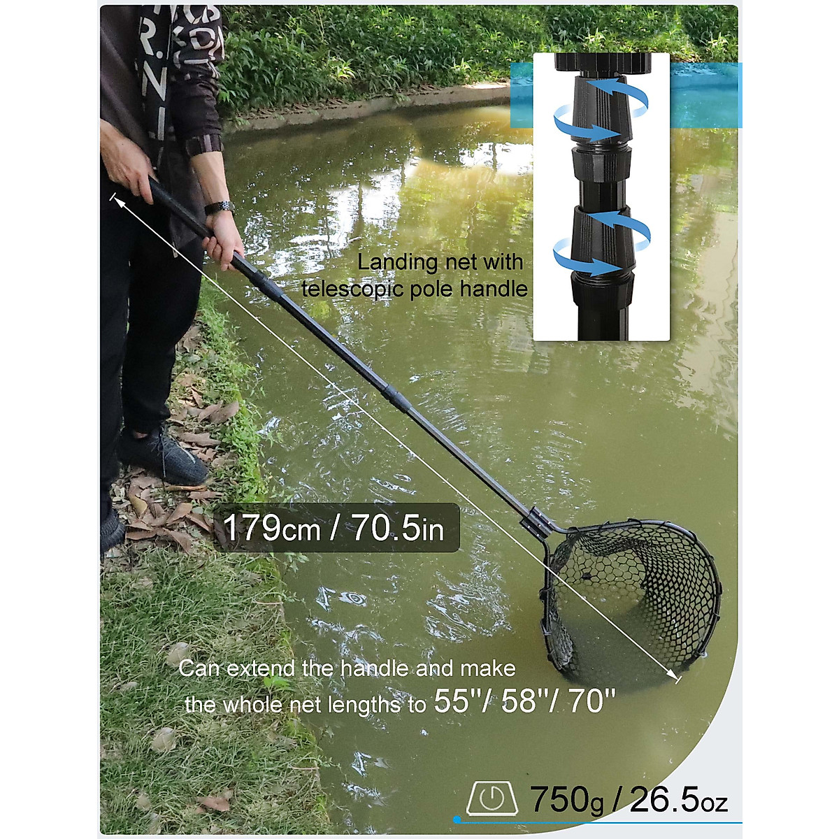 Hlotmeky Fishing Net Rubber Landing Net Large Fishing Nets for Saltwater Heavy Duty Big Fishing Net Kayak Folding Retractable Fishing Net Long Handle
