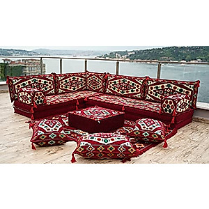 Maroon Floor Cushions, L Shaped Arabic Seating Sofas, Balcony Terrace Sofas, Washable Cushion Covers, Traditional Floor Couch, Arabic Majlis, Futon Sofa Bed (L Sofa Full Set)