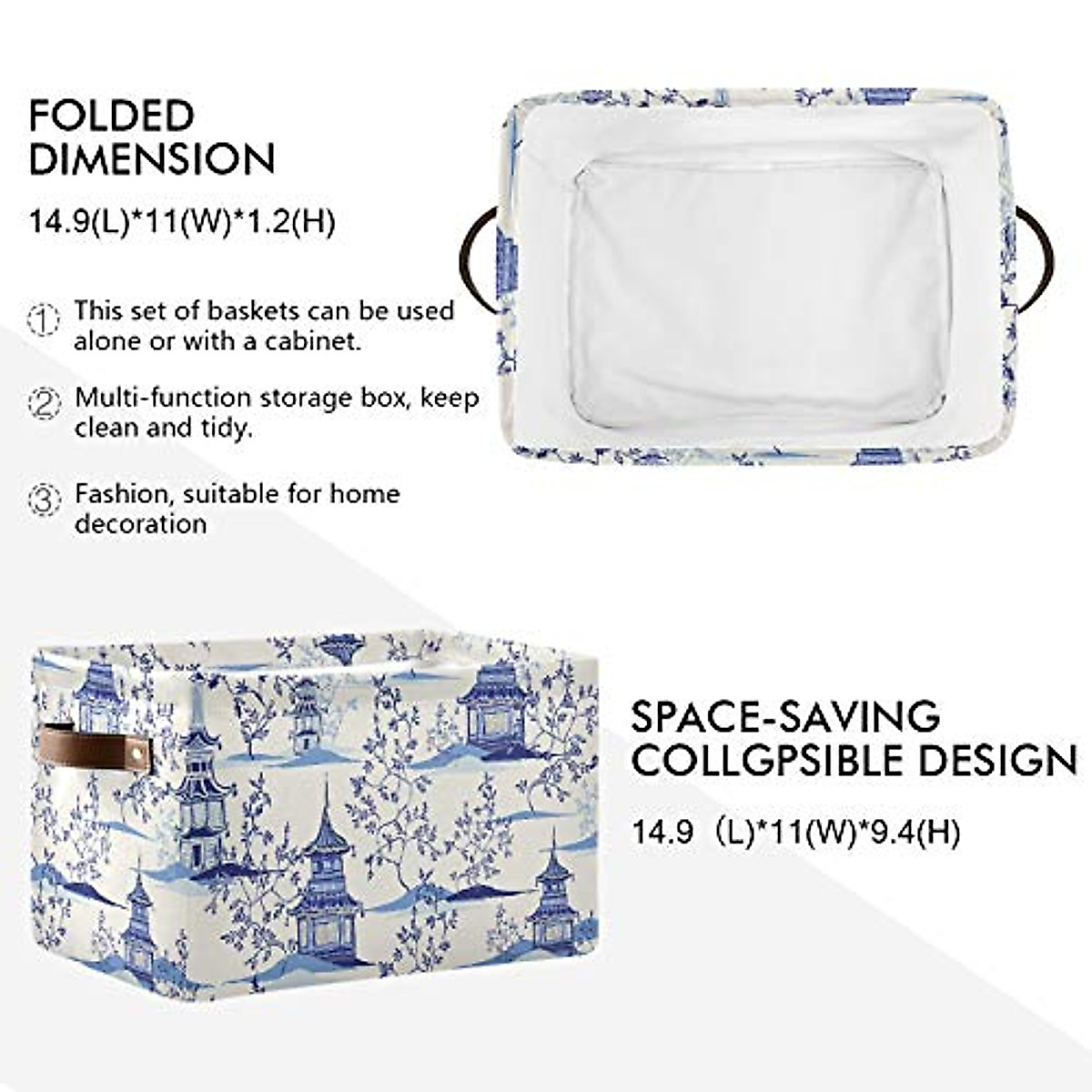 susiyo Large Foldable Storage Bin Pagodas Chinoiserie Fabric Storage Baskets Collapsible Decorative Baskets Organizing Basket Bin with PU Handles for Shelves Home Closet Bedroom Living Room-2Pack