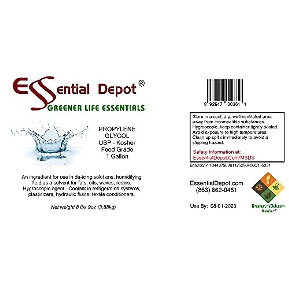 Propylene Glycol - USP - Kosher - Food Grade - USP - Kosher - 8 lb 9 oz net wt in a 1 Gallon Safety Sealed HDPE Container with resealable Cap