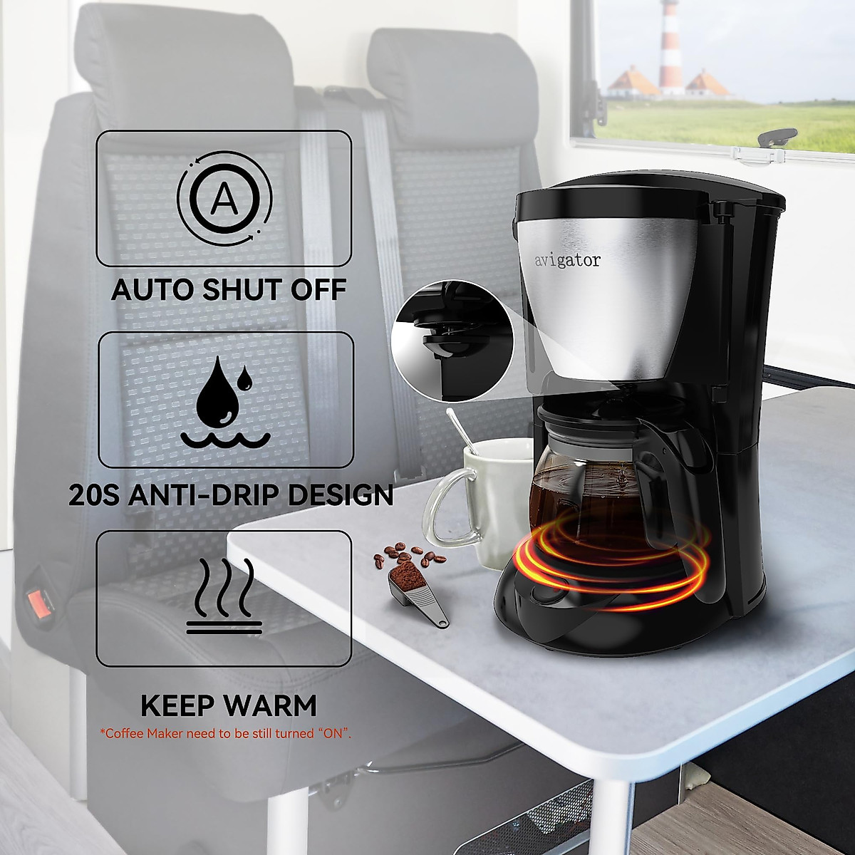 avigator 5-cup Car Coffee Maker with Car Charging Cigarette Lighter, 12V Travel Coffee Maker with Fast Heating, Glass Carafe, Compatible with Ground Coffee for Driving RV (Silver Black)