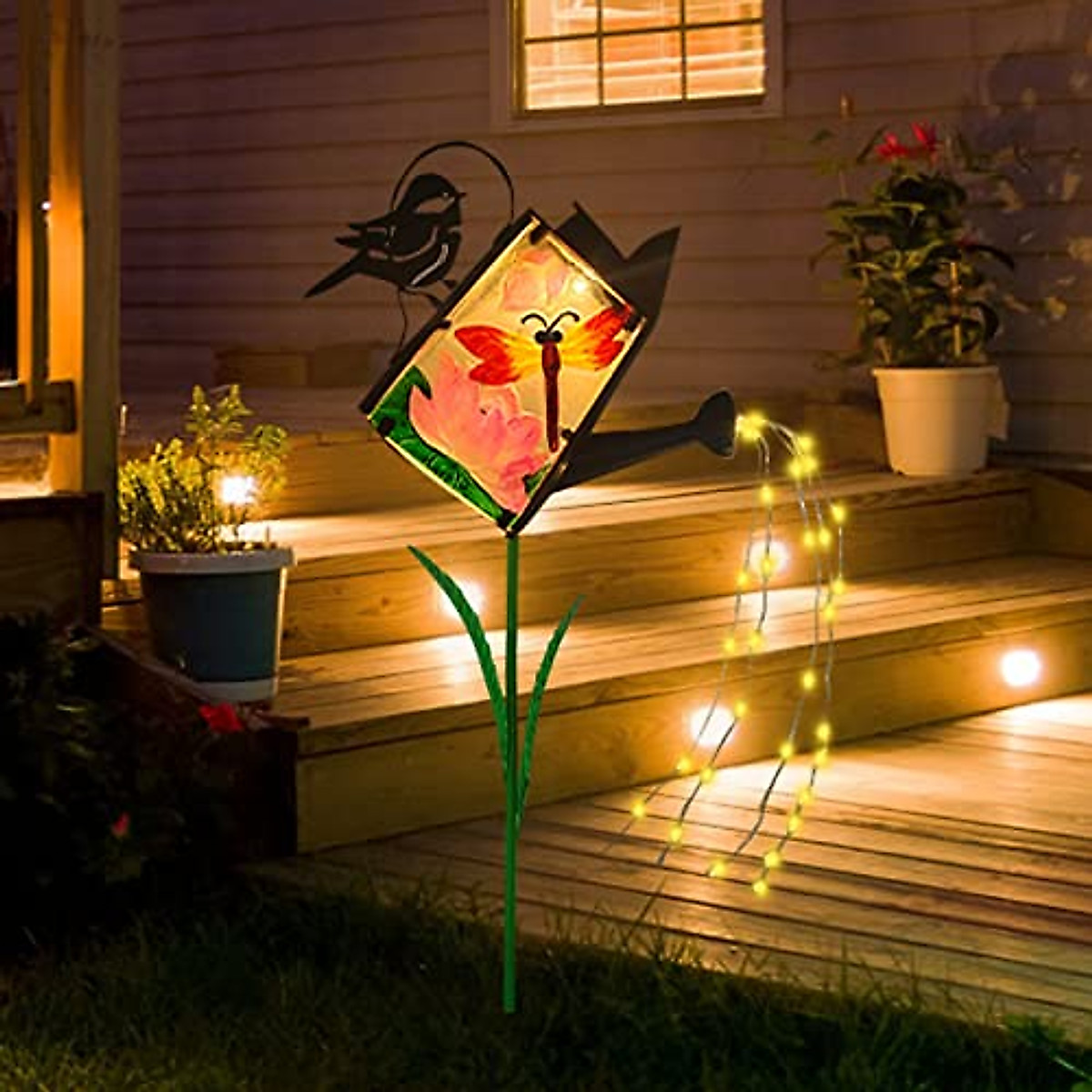 WUFEILY Solar Outdoor Lights Decorative, Dragonfly Garden Decor Glass Solar Watering Can with Cascading Lights Solar Garden Lights Yard Art Garden Stakes for Walkway, Pathway, Yard, Lawn, Patio