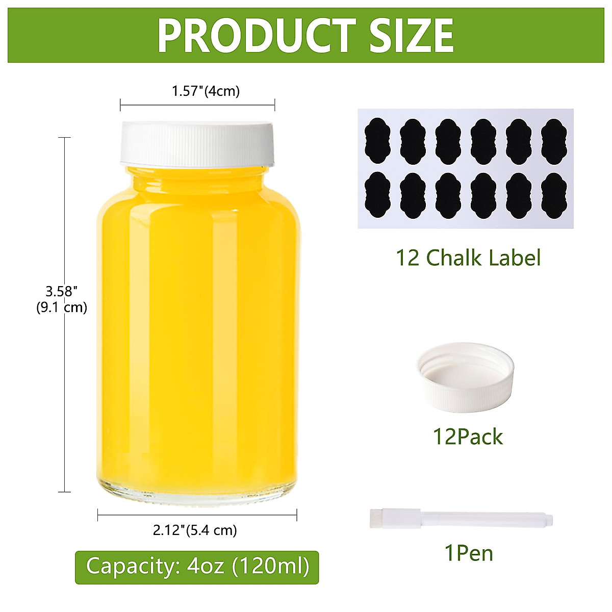 BPFY 12 Pack 4 oz Glass Juice Shot Bottles with Caps, 120 ml Empty Wellness Shot Glass Bottles, Reusable Clear Glass Bottles with Lids for Juice, Ginger Shots and Homemade Beverages