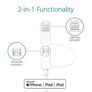Apple MFi Certified 2 in 1 iPhone Charger Lightning Cable and Micro USB to USB Charger Cord, Compatible iPhone X, 8, 8 Plus,7 Plus, Android Data Cable 2 in 1 White(6FT)