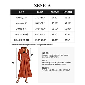 ZESICA Women's 2024 Fall Long Sleeve Dress Crewneck Casual Loose Pleated Tiered Swing Midi Dresses with Pockets,Rust,Medium