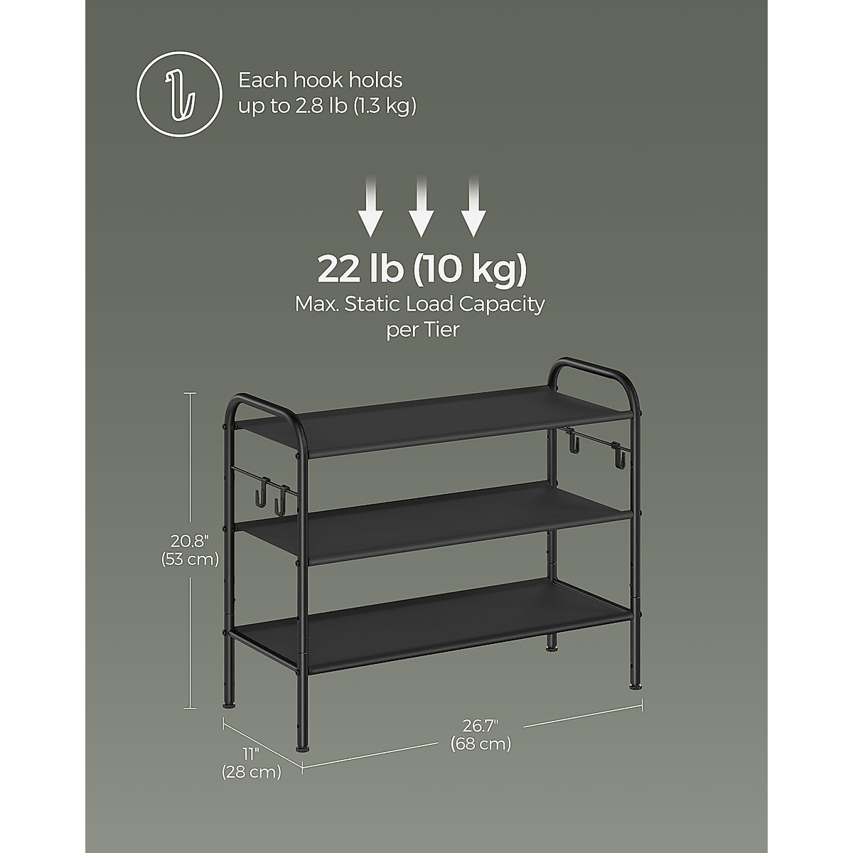 SONGMICS Shoe Rack, 3 Tier Shoe Organizer, Fabric Shoe Shelf Storage with 4 Hooks, Holds up to 12 Pairs of Shoes, Height-Adjustable Shoe Rack for Entryway, Hallway, Closet, Easy Assembly, Ink Black