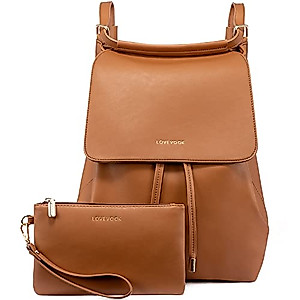 LOVEVOOK Backpack Purses for Women, Tote Bag Convertible PU Leather Backpacks, Fashion Handbag Satchel Bags Casual Back Pack 14 Inch Laptop Backpacks 2PCS, Brown