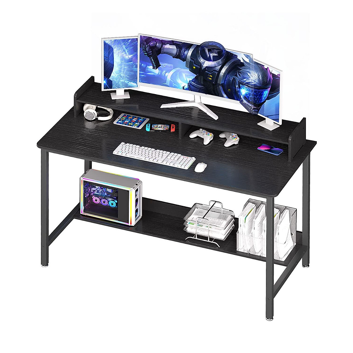 WOODYNLUX Computer Desk with Shelves, 43 Inch Gaming Writing Desk, Study PC Table Workstation with Storage for Home Office, Living Room, Bedroom, Metal Frame, Black.