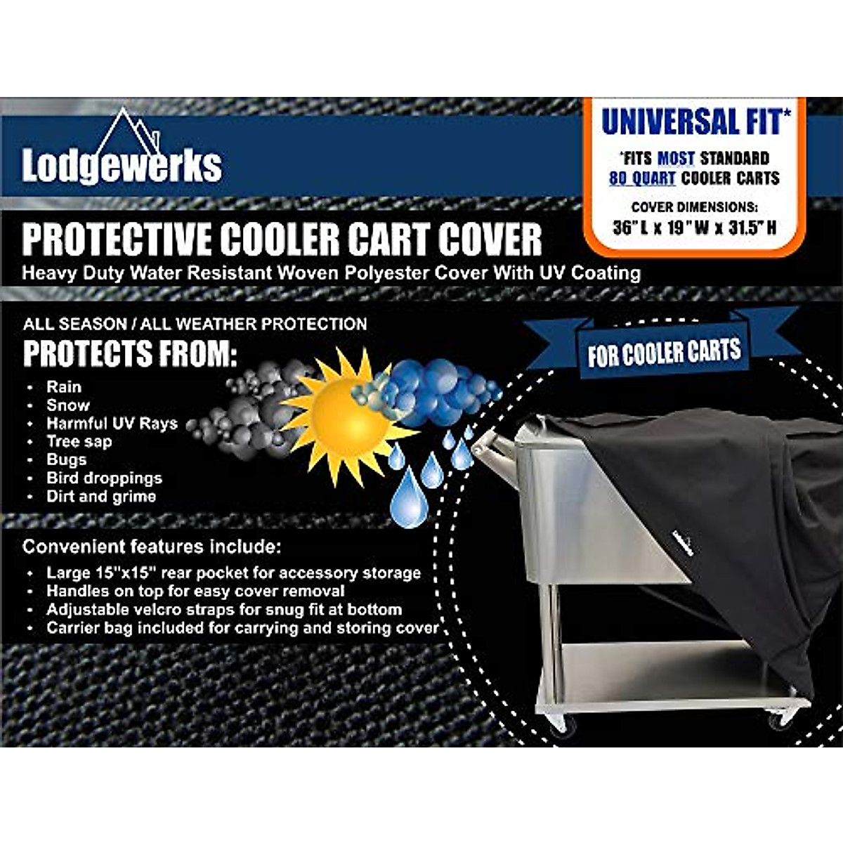 Cooler Cart Cover - Universal Fit For Most 80 QT Rolling Cooler (Patio Cooler On Wheels, Beverage Cart, Rolling Ice Chest, Party Cooler) Protective Cover, Water Proof