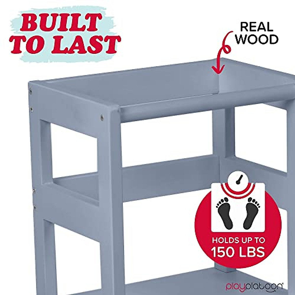 Play Platoon Toddler Kitchen Stool - Gray Wooden Step Stool Standing Tower for Kids Kitchen Counter Learning