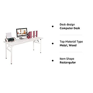 DlandHome 62 Inches Large Home Office Computer Desk, No Install Needed, Composite Wood Board, Folding Dining Table/Workstation, 62 Inches White and White Legs, 1 Pack