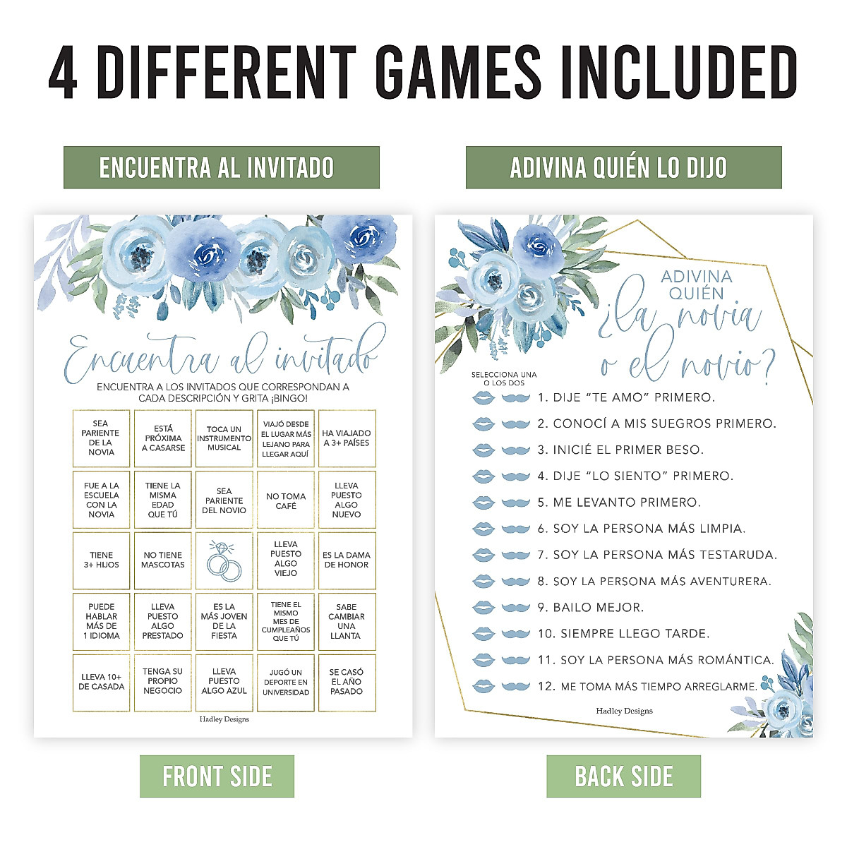 Dusty Blue Spanish Bridal Shower Games 20 Guests - Juegos Para Despedida De Soltera En Español, Wedding Shower Games, Bridal Shower Bingo In Spanish, Popular Bridal Shower Games Spanish Edition