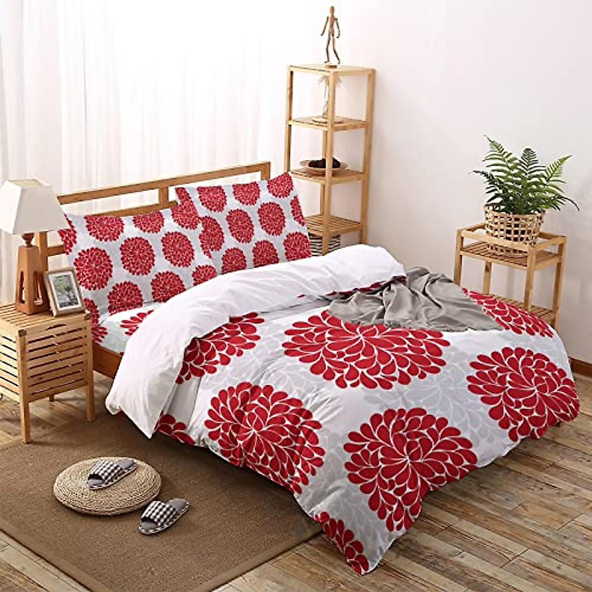 Red Dahlia Bed Bedding 4 Piece Comforter Set - Duvet Cover Set Queen Size Premium with Zipper Closure Ultra Soft, 4 Piece-1 Microfiber Duvet Cover Matching,2 Pillow Shams,1 Fitted Sheet