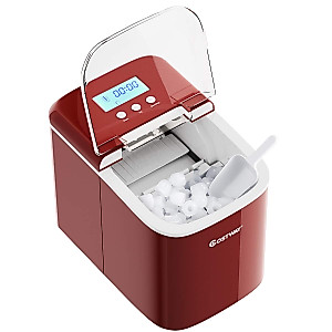 COSTWAY Countertop Ice Maker, 26LBS/24H with Self-Clean Function, LCD Display, 9 Bullet Ice / 7 Mins, Portable and Compact Ice Machine with Ice Scoop, for Homes, Offices, Restaurants, Bars, Red