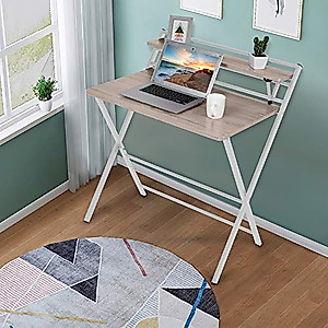Wdminyy Folding Desk for Small Space Computer 2 Tier Foldable Table with Shelf,Metal Frame,Wood Top Laptop Table for Home Office Study Desk Workstation,Kids Desk,No Assembly Needed,31.5" x 19.7"