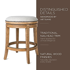 Maven Lane Alexander 26 Inch Tall Counter Height Rotating Backless Barstool in Weathered Oak Finish with Sand Color Fabric Upholstered Seat