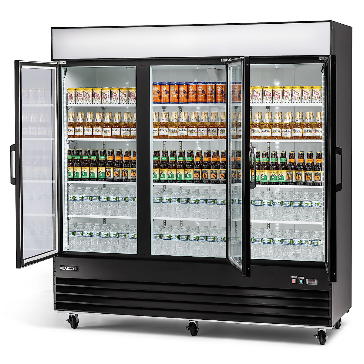 PEAKCOLD Commercial Upright Display Cooler - Merchandiser Refrigerator with Three Glass Doors and LED Lighting, 57.5 Cu Ft Capacity, Adjustable Shelves, Perfect for Restaurants, Cafes, and Bars