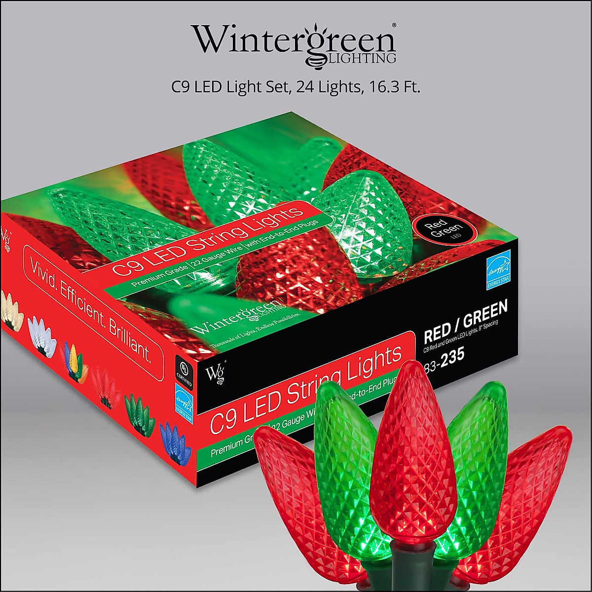 C9 Red and Green Christmas Lights Set of 24, 16.3 Ft, LED String Lights C9 Christmas Lights Red-Green Indoor-Outdoor LED Christmas Lights, IOS-4-24