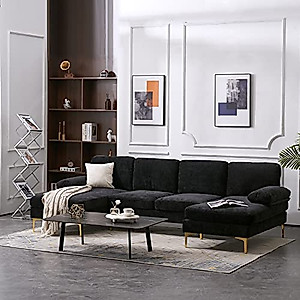 POULEII Sectional Sofa,Modern U-Shape Modular Sectional Sofa Sleeper Couch with Chenille Fabric and Gold-Plated Feet for Living Room, Apartment, Office,Black