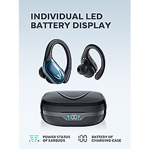 True Wireless Earbuds with Earhooks - 60hrs Battery Life Running Headphones Bluetooth 5.1 with LED Display - IPX7 Waterproof Wireless Earphones with Charging case for Sport, Running