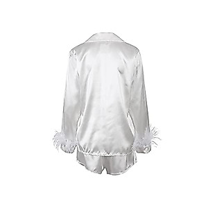 Women 's 2 PCS Feather Silk Pajamas Set Long Sleeve Buttons Down Shirt Top Short Pants Sleepwear PJs (White, Small)