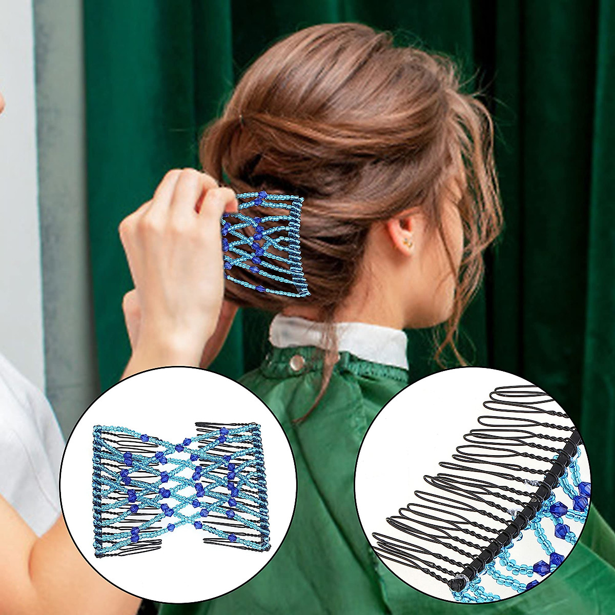 CCbeauty 6 Pcs Magic Hair Comb Elastic Beaded Hair Clips Women Decorative Accessories,Bride Double Slides Stretching Hairpins Combs for Ladies Girls Popular Hairstyles