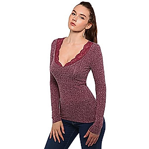 AmélieBoutik Women Lace Trim V Neck Faux Wrap Empire Waist Ribbed Long Sleeve Knit Top (Burgundy Large)
