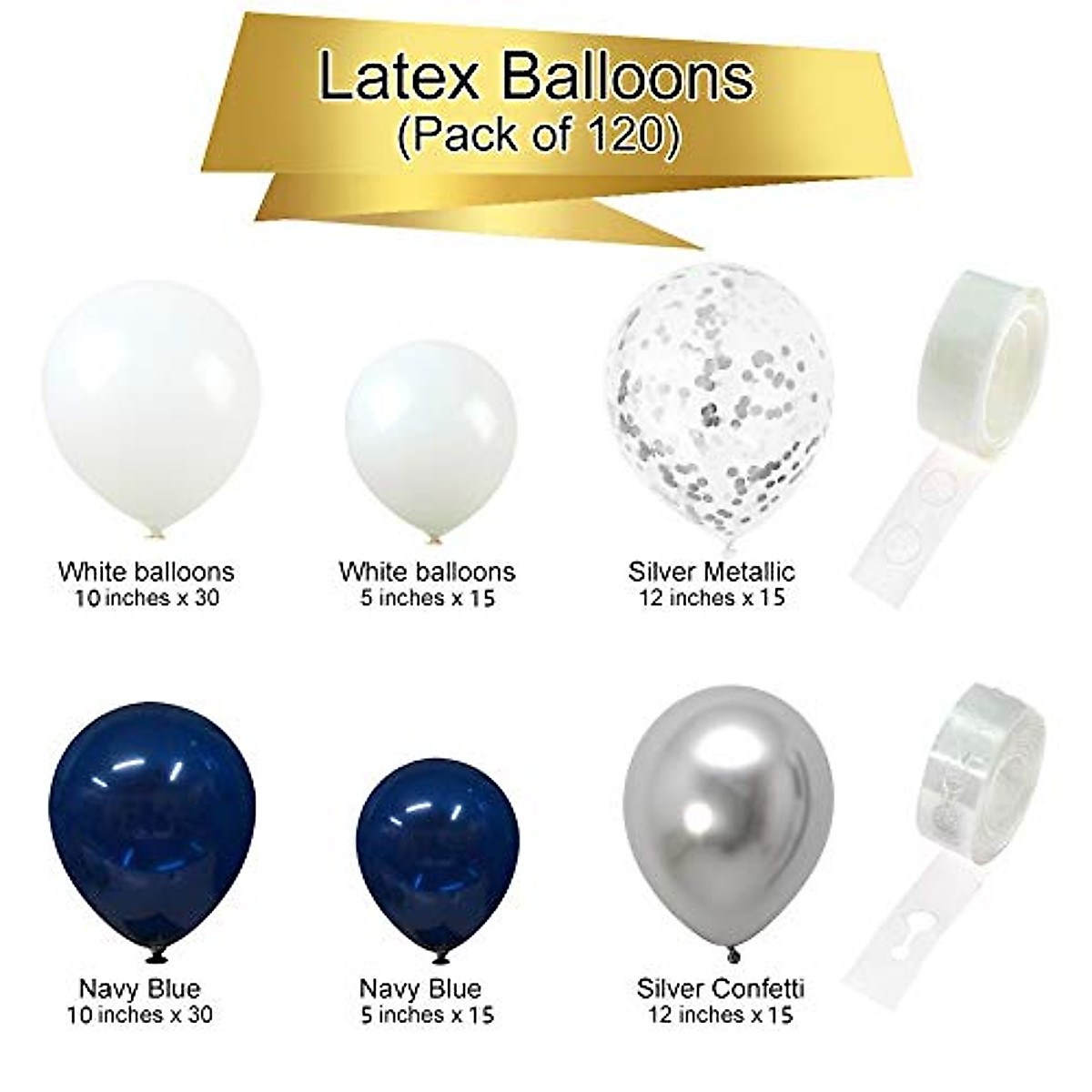 Silver Blue Balloons Garland Kit, 120 pcs Navy Blue and Silver Confetti White Balloons Arch with 16ft Tape Strip & Dot Glue for Party Wedding Birthday DIY Decoration