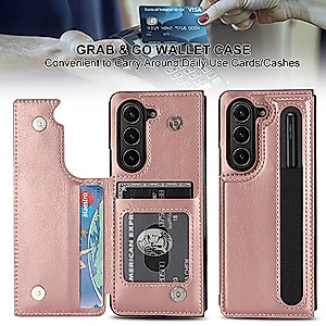 Case for Samsung Galaxy Z Fold 5, with S Pen Holder & Card Slot, Leather Flip Cover,Pink