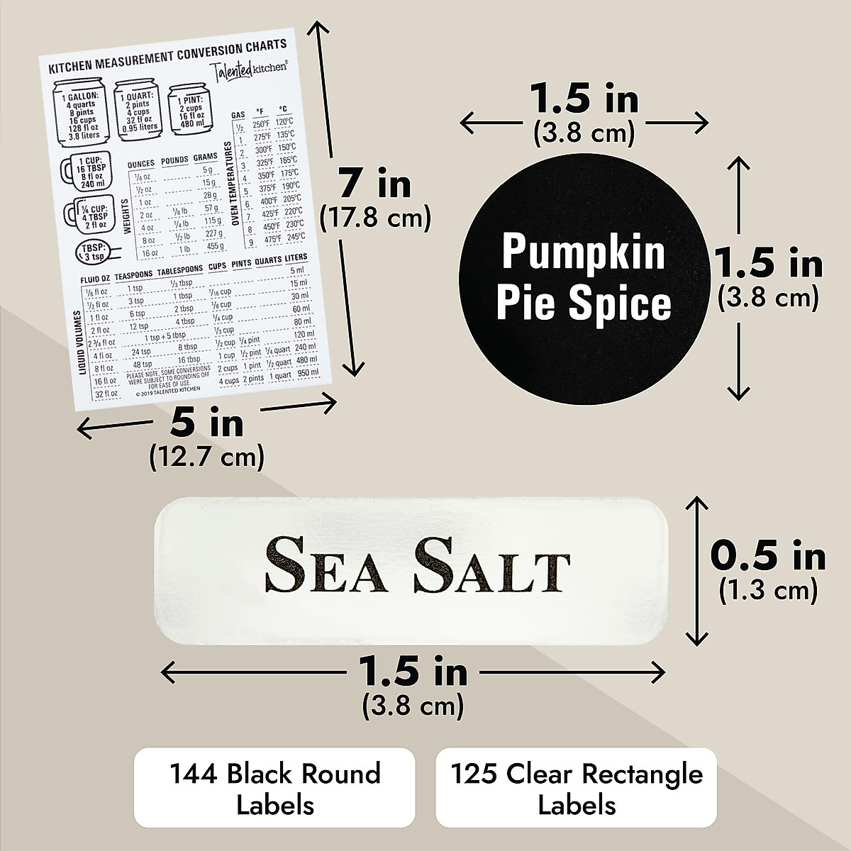 Talented Kitchen 12 Magnetic Spice Jars for Refrigerator with 3 Metal Wall Bases, 269 Preprinted Seasoning Labels, 2 Styles, 1 Cooking Conversion Chart, for 3 oz Containers