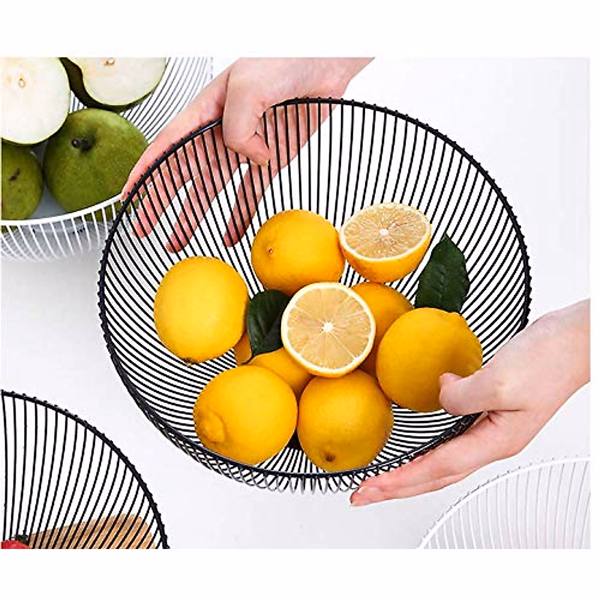 Cq acrylic Metal Wire Fruit Basket,Large Round Storage Baskets for Bread,Metal Wire Bread Fruit Bowl Vegetable Stand Holder for Snacks,Modern Fruit Bowl Decorate Kitchen Counter,Black