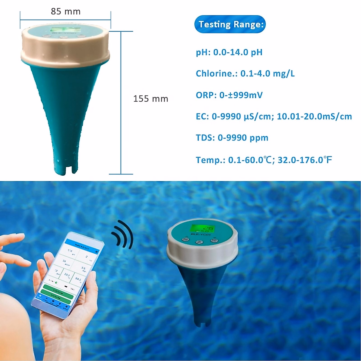 BLE YC01 Pool Monitor EC ORP CL e Temperature 6 in 1 Detector Water Quality Tester