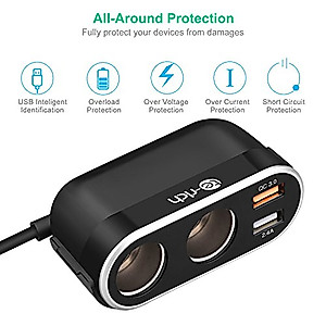 Car Socket Splitter, Te-Rich 96W 2-Way Auto Cigarette Lighter Splitter Power Adapter 12V/24V DC Outlet Extender 5.4A (Quick Charge 3.0 + 2.4A) Dual USB Charger for iPhones and Samsung Galaxy