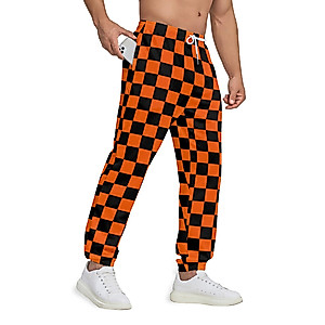 QINGXUN Sweatpants for Men Black Checkered Pants Men Lightweight Joggers Pants Drawstring Checkered Sports Pants with Pockets