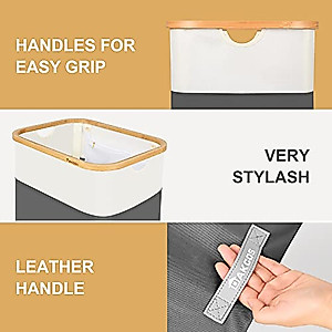DAKCOS Laundry Basket with Bamboo Handles,80L Collapsible Laundry Hamper,Dirty Clothes Hamper for Bedroom, Bathroom,White-grey