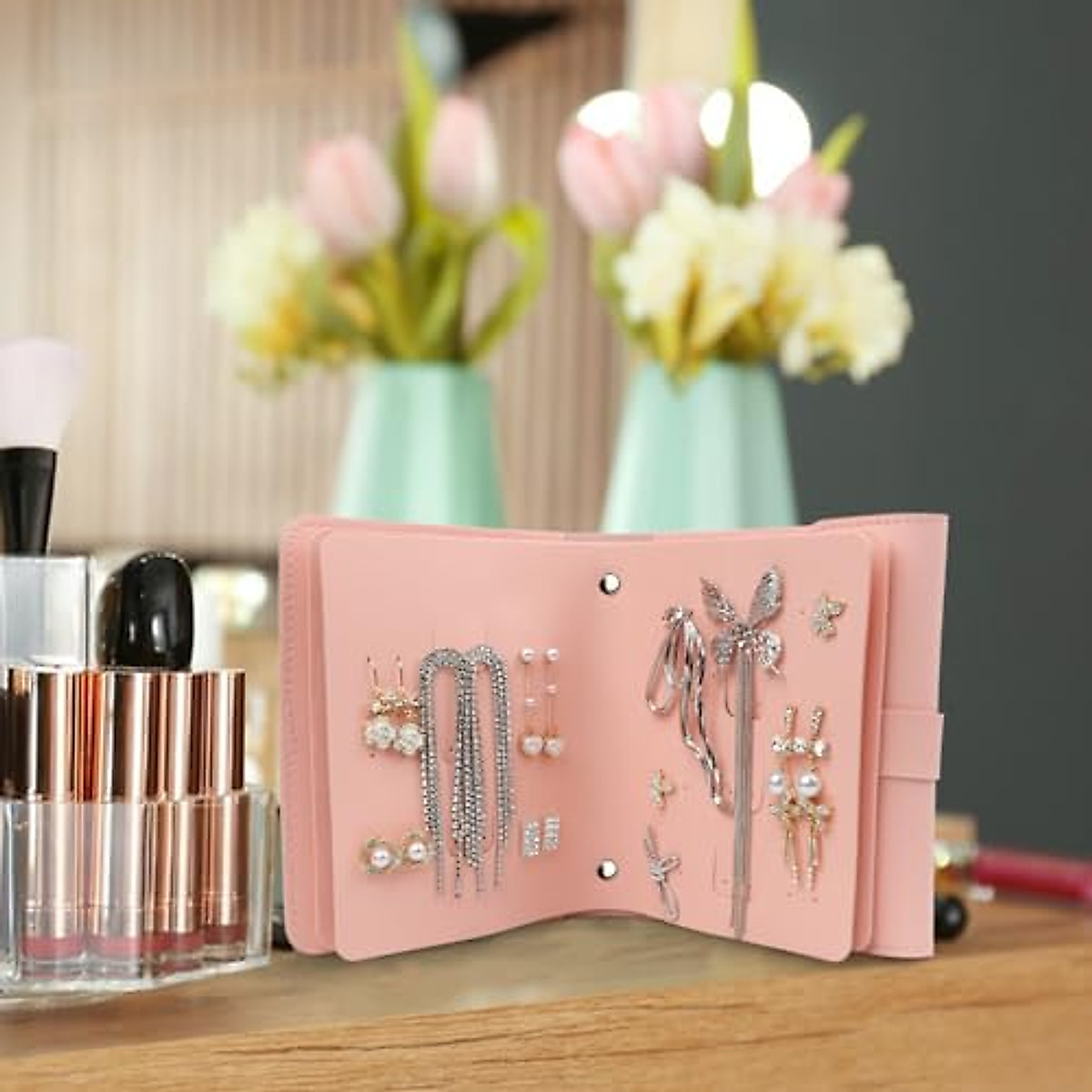 Fangoo Earring Book Organizer Stud Earring Storage Case Travel Small Earring Holder Organizers Display Portable Earring Binder Pu Leather Capable to Hold 42 Pairs (Pink