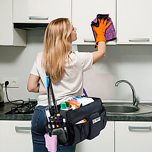 FRECOLSH Large Cleaning Supplies Organizer-Cleaning Caddy Organizer With Handles & Shoulder Strap-Cleaning Bags for Cleaning Suppliers-Housekeepers Wearable Cleaning Tote 2023 Upgraded Black