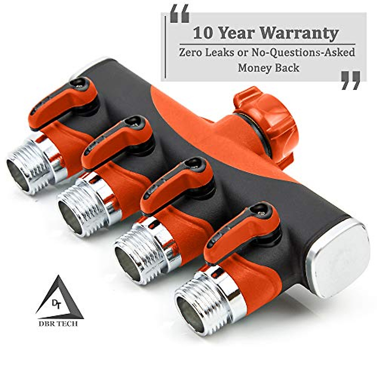 DBR Tech 4 Way Garden Hose Splitter for Outdoor Lawn and Gardening Hoses, Heavy Duty Metal Faucet Attachment, Leak Resistant Threading with Shut Off Valves, Four Way Spigot Adapter Full Flow, Orange