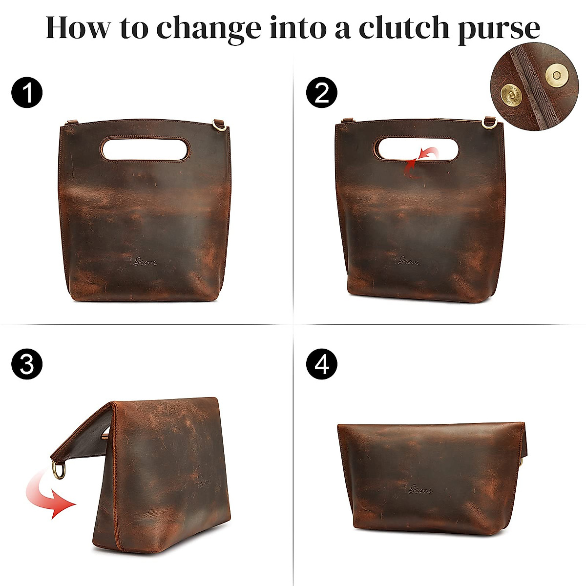 S-ZONE Women Vintage Genuine Leather Crossbody Bag Distressed Foldable Clutch Top Handle Handbag Purse