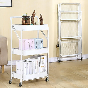 JforSJizT 3-Tier Collapsible Rolling Utility Cart with Lockable Wheels,Metal Storage Folding Rolling Cart with Storage Compartments,Tool Organizer Cart for Classroom, Office, Bathroom, Garage, Kitchen