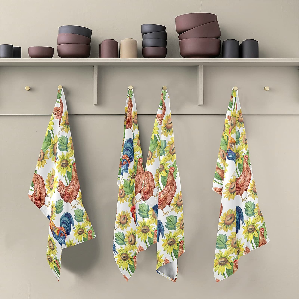 ALAZA Yellow Sunflower Rooster Watercolor Kitchen Towels Dish Bar Tea Towel Dishcloths 1 Pack Super Absorbent Soft 18 x 28 inches