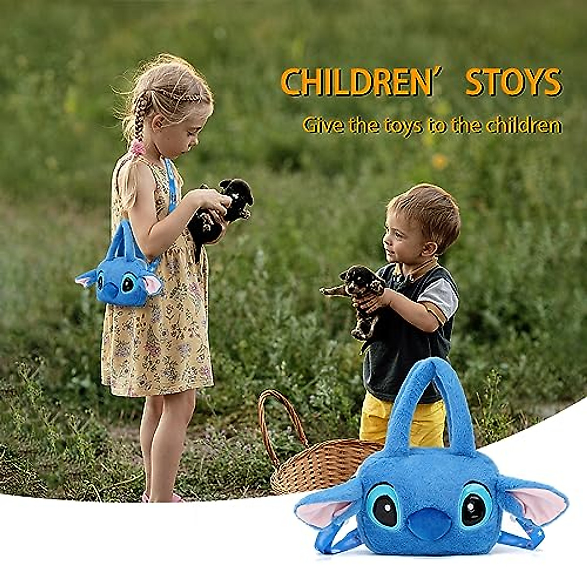 NanWind Stitch adjustable shoulder strap crossbody bag, zippered handbag. Stitch plush animal soft doll, cute children's gift (blue)
