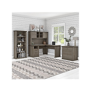 Bush Furniture Yorktown L Shaped Desk with Hutch, Lateral File Cabinet and 5 Shelf Bookcase, 60W, Restored Gray